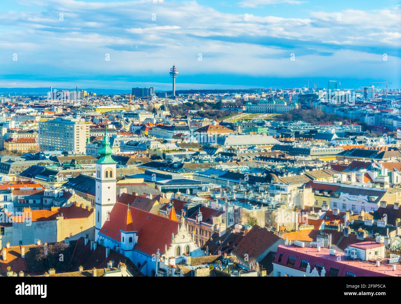 Aerial view of Vienna with belvedere palace and the arsenal tower from ...