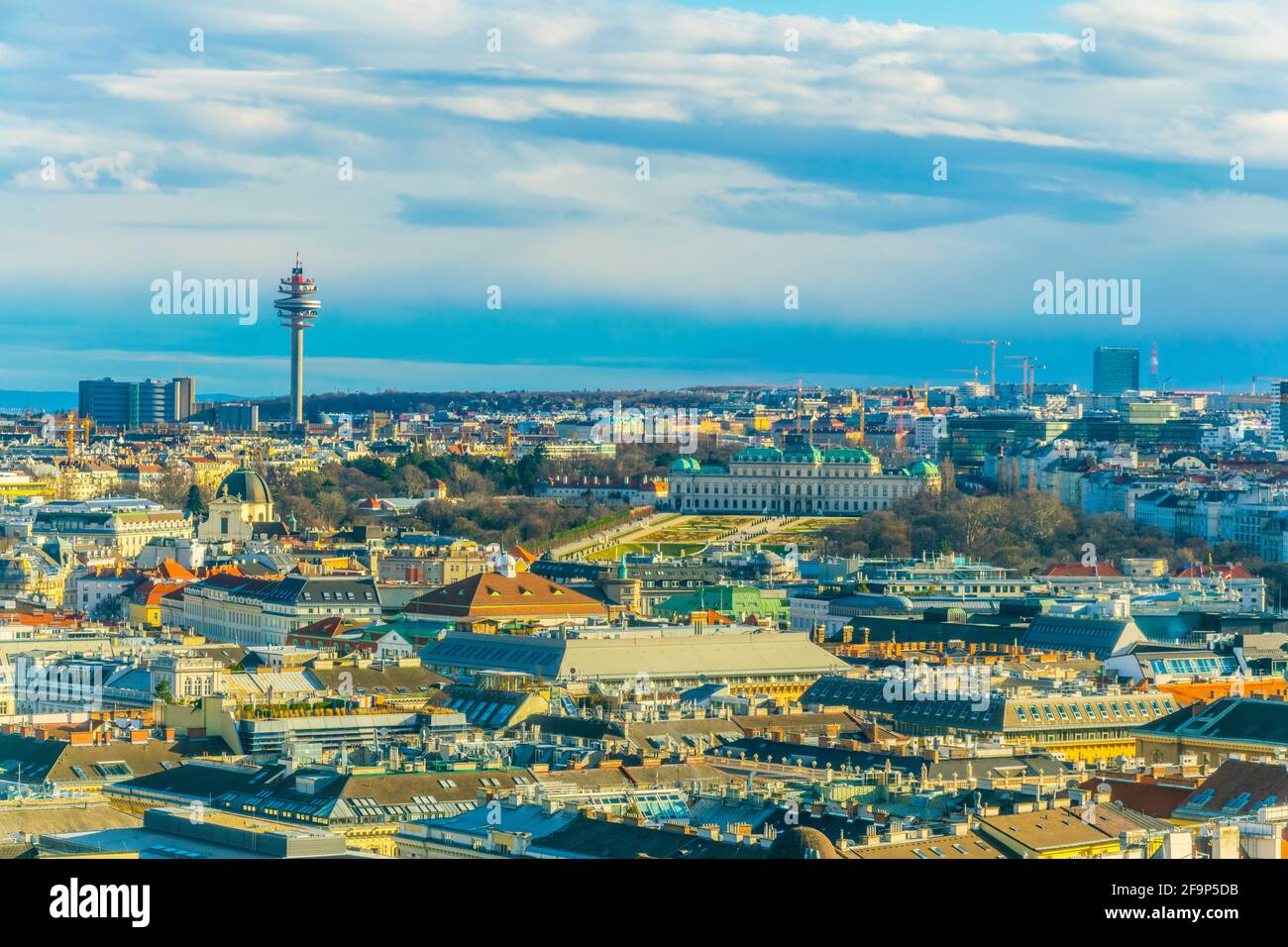 Aerial view of Vienna with belvedere palace and the arsenal tower from ...