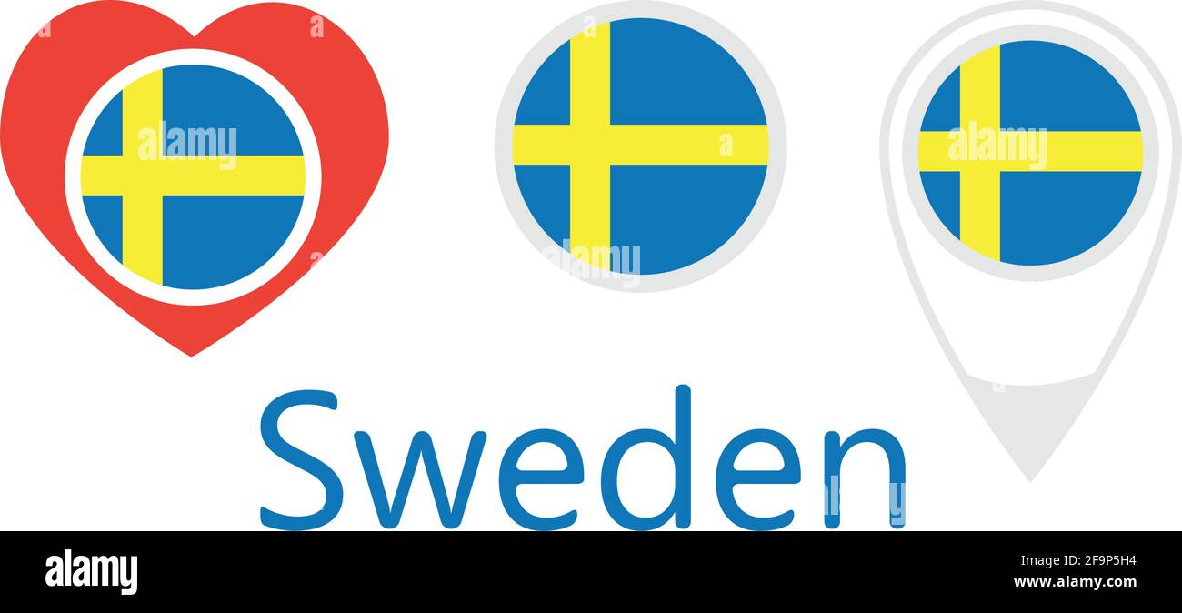National flag of Sweden, round icon, heart icon and location sign ...