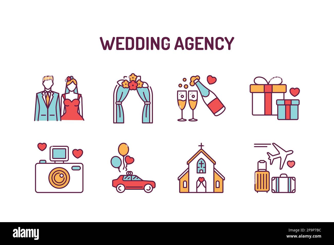 Marriage color line icons set. Wedding agency. Isolated vector element ...