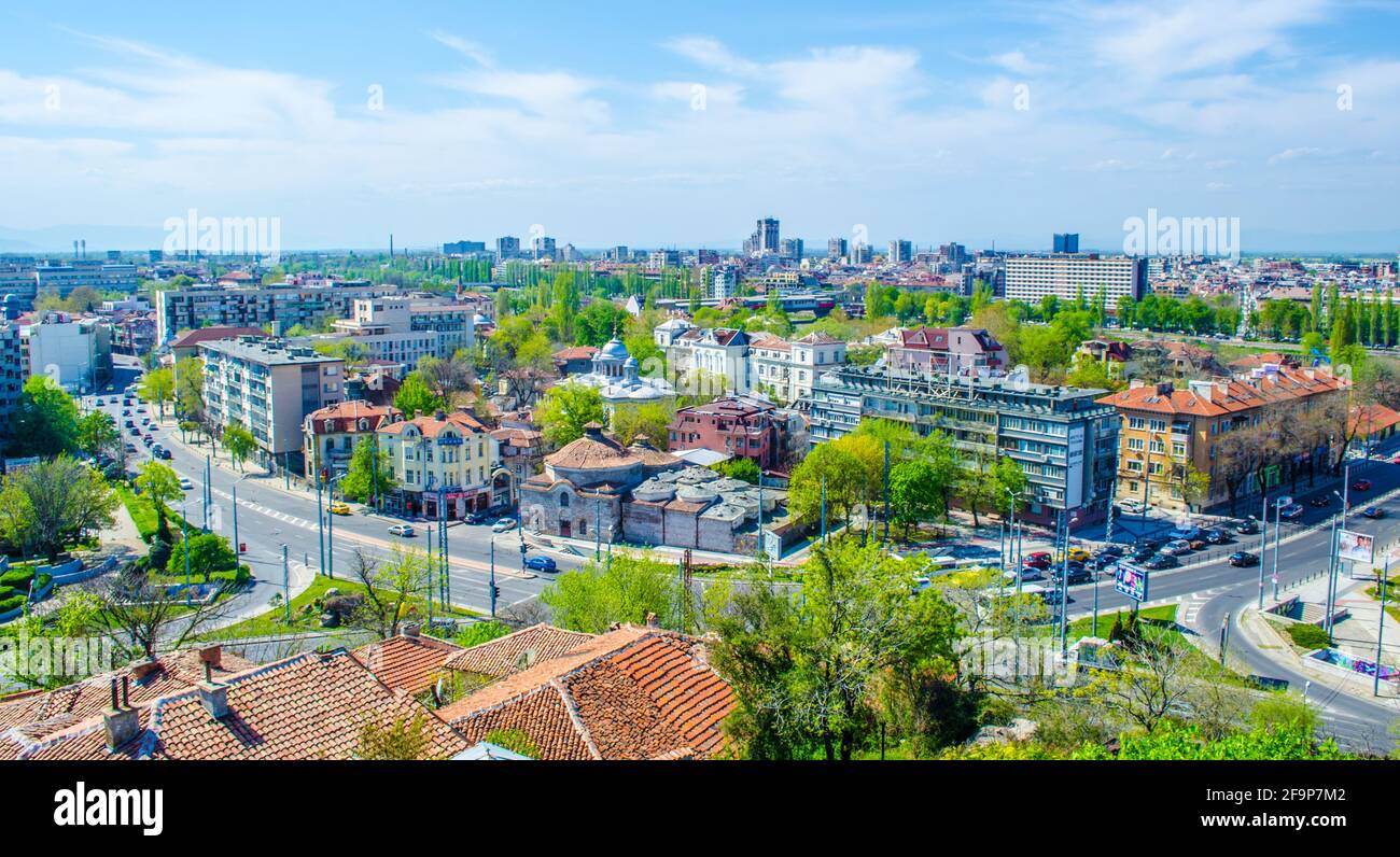 aerial view of bulgarian city plovdiv taken from the hill where antique ...