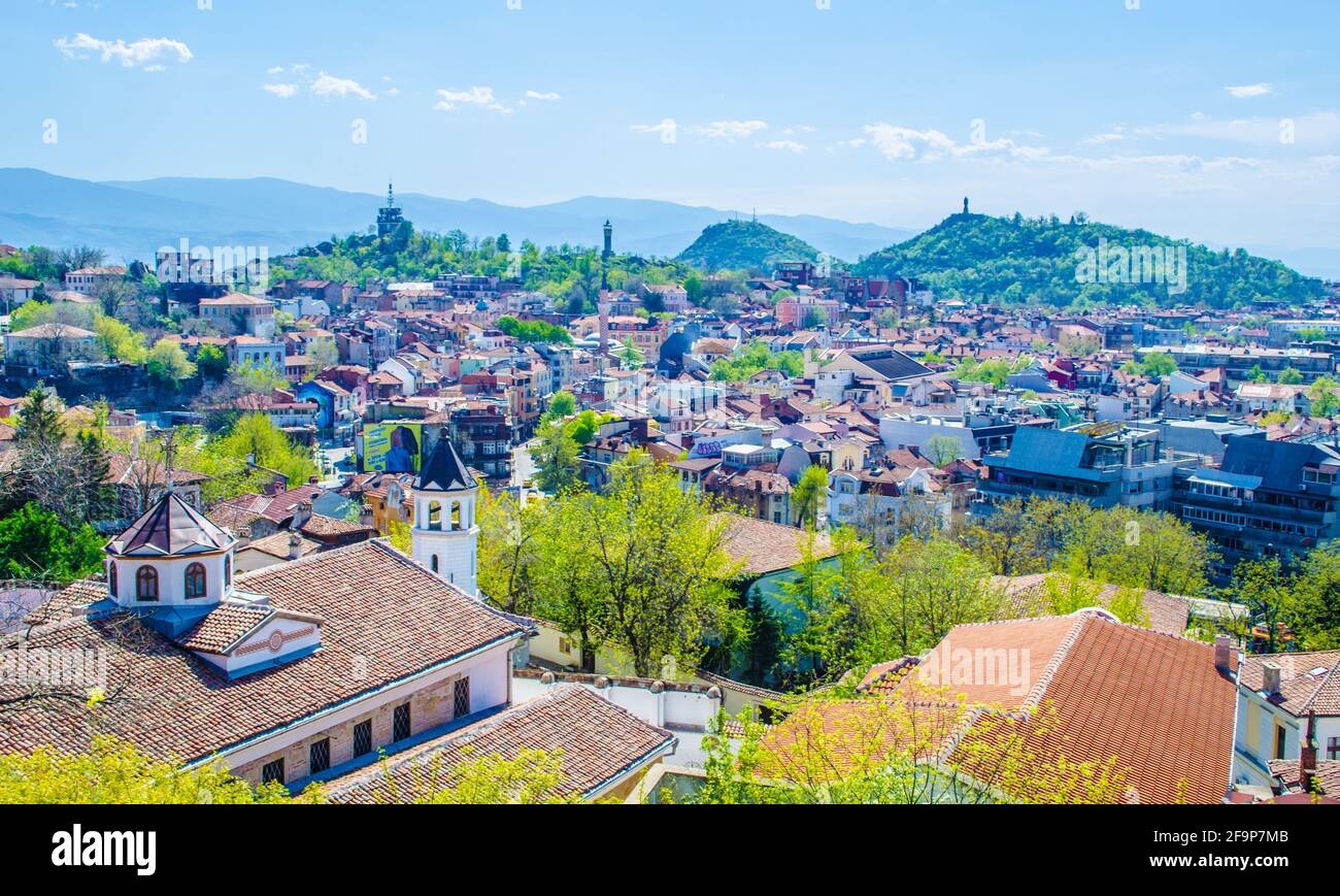 aerial view of bulgarian city plovdiv taken from the hill where antique ...
