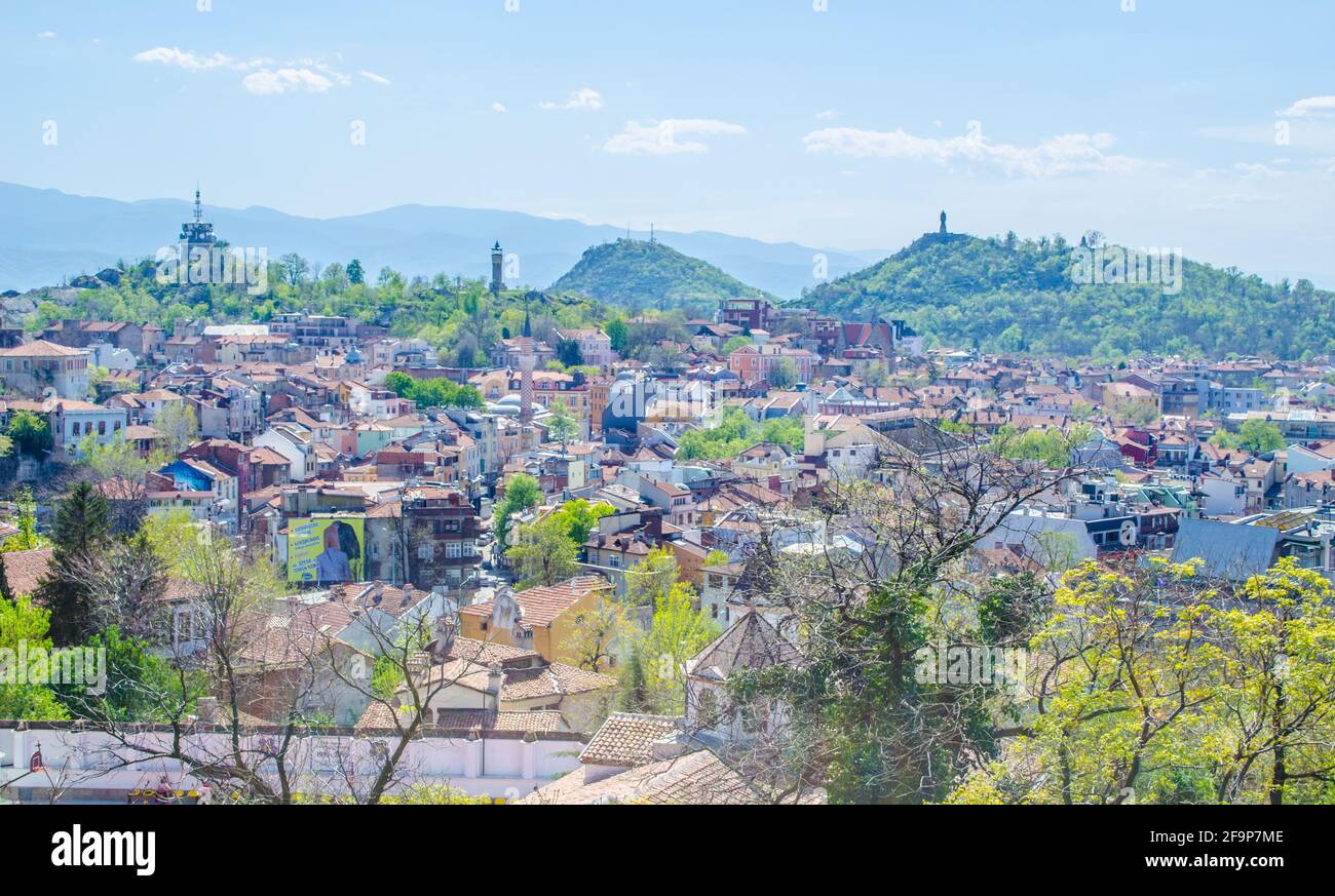aerial view of bulgarian city plovdiv taken from the hill where antique ...