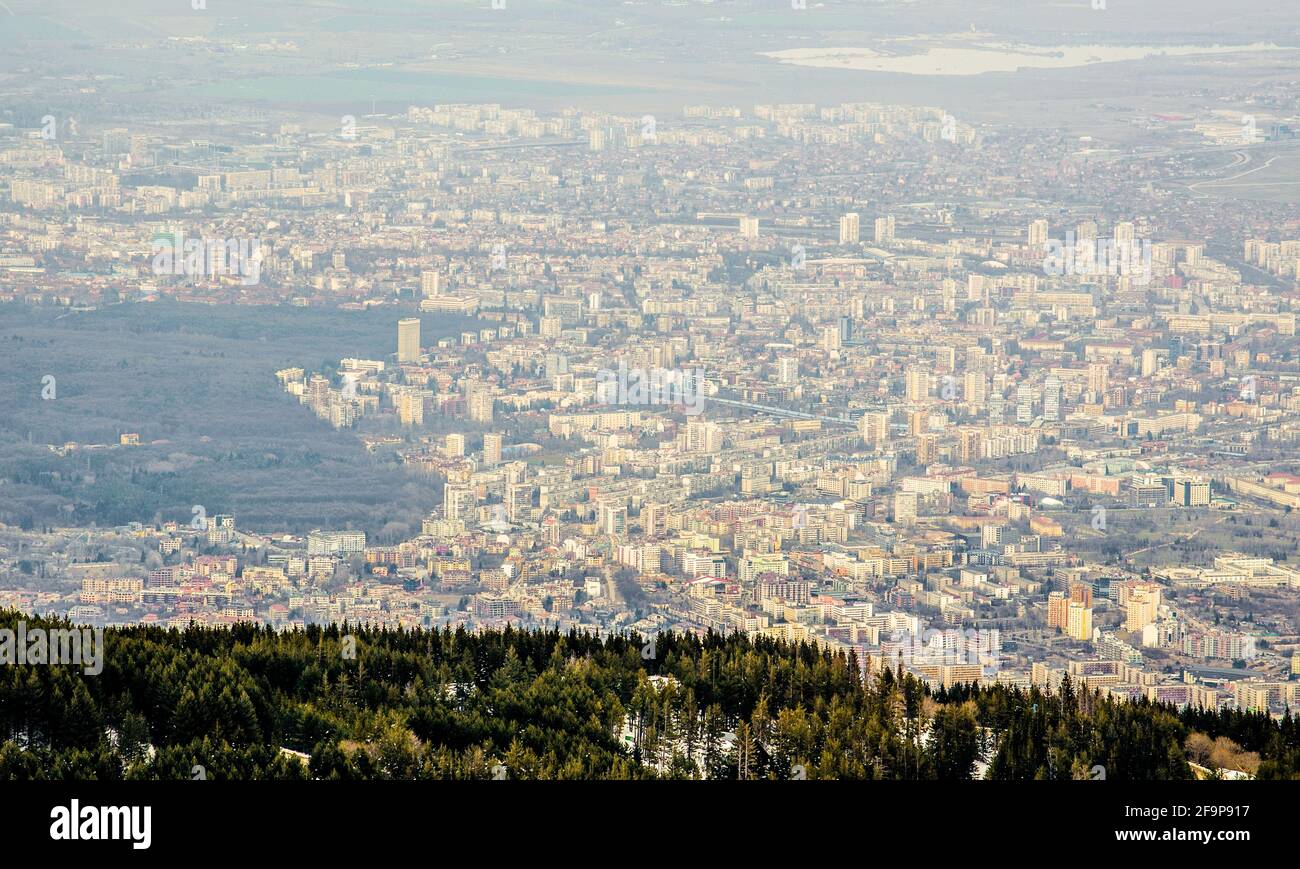 aerial view of bulgarian capital sofia taken from the top of vitosha ...