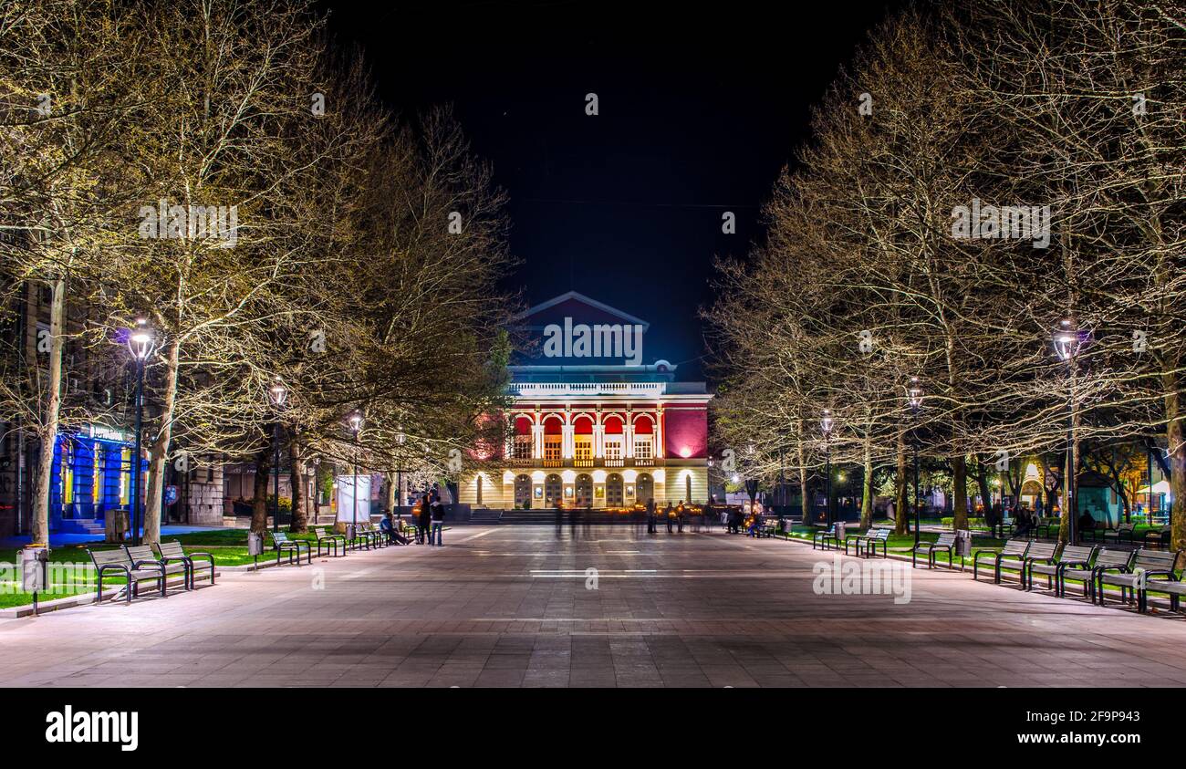 night view over building of bulgarian national opera house in rousse ...