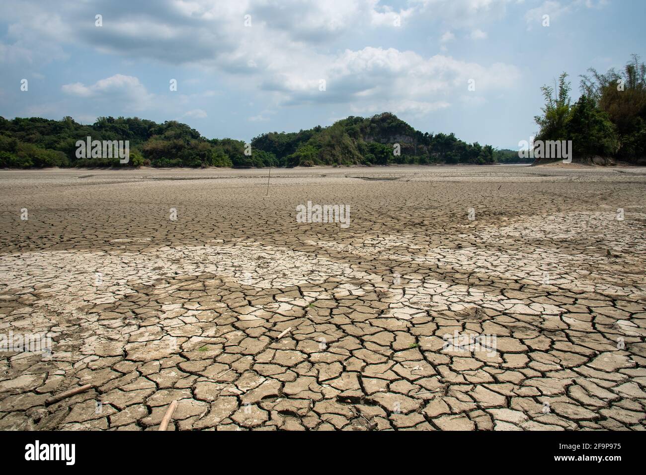 Drought lake and land in Guantian, Tainan, Taiwan. Water shortage ...
