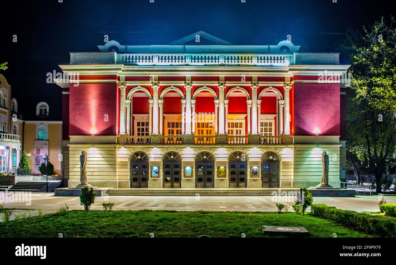 night view over building of bulgarian national opera house in rousse ...