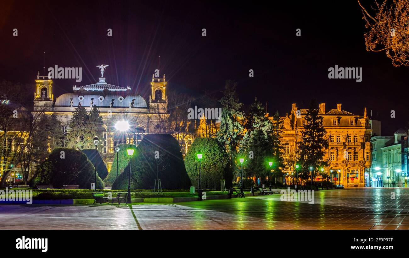 night view of the illuminated main square in Ruse, Bulgaria. Ruse (also ...