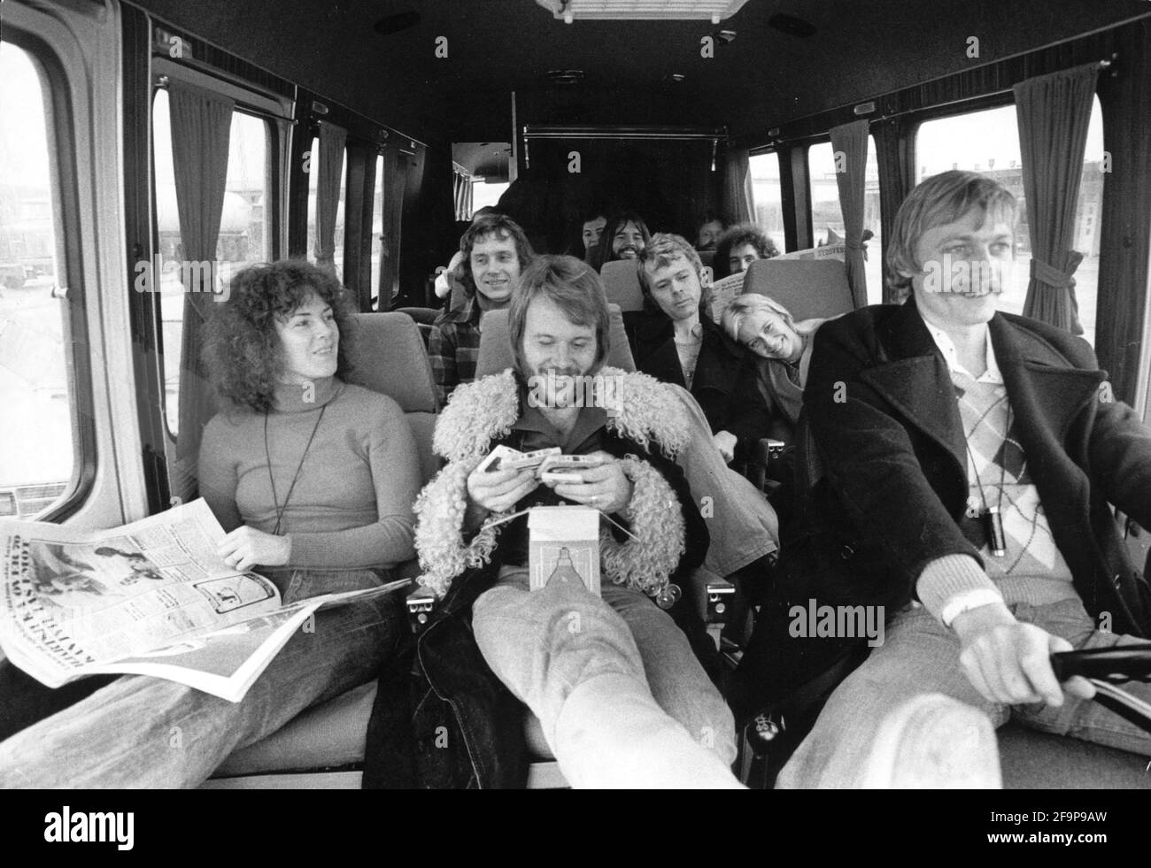 ABBA in their tour bus somewhere in Sweden, November 19, 1974. Anni ...