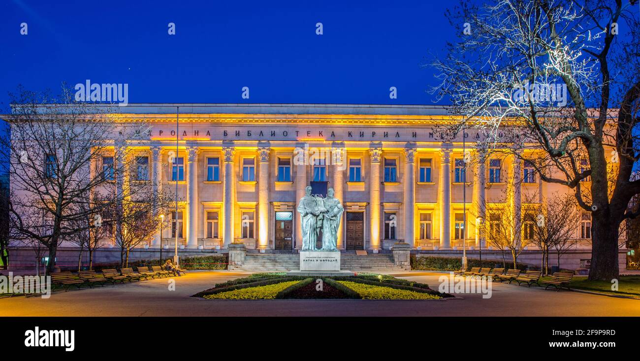 night view of the illuminated Bulgarian National Library St. Cyril ...