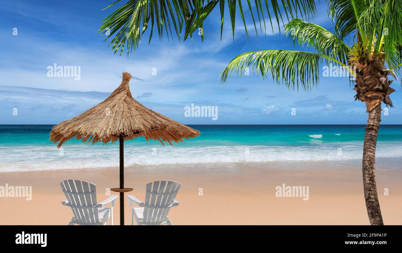 Tropical Paradise beach. Parasol in Sunny beach with palm trees and ...