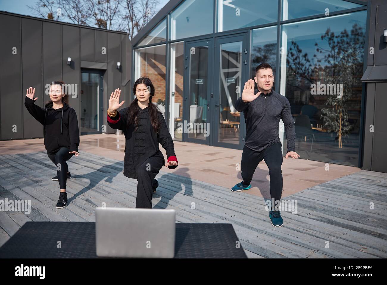 Brush knee push taijiquan activity performed outdoors by three athletes ...