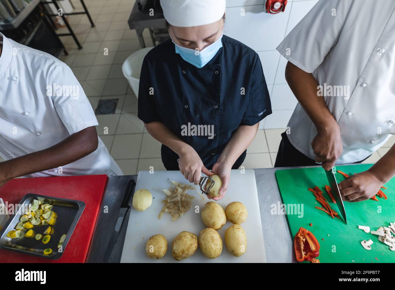 Diverce race male and female professional chefs preparing vegetables ...