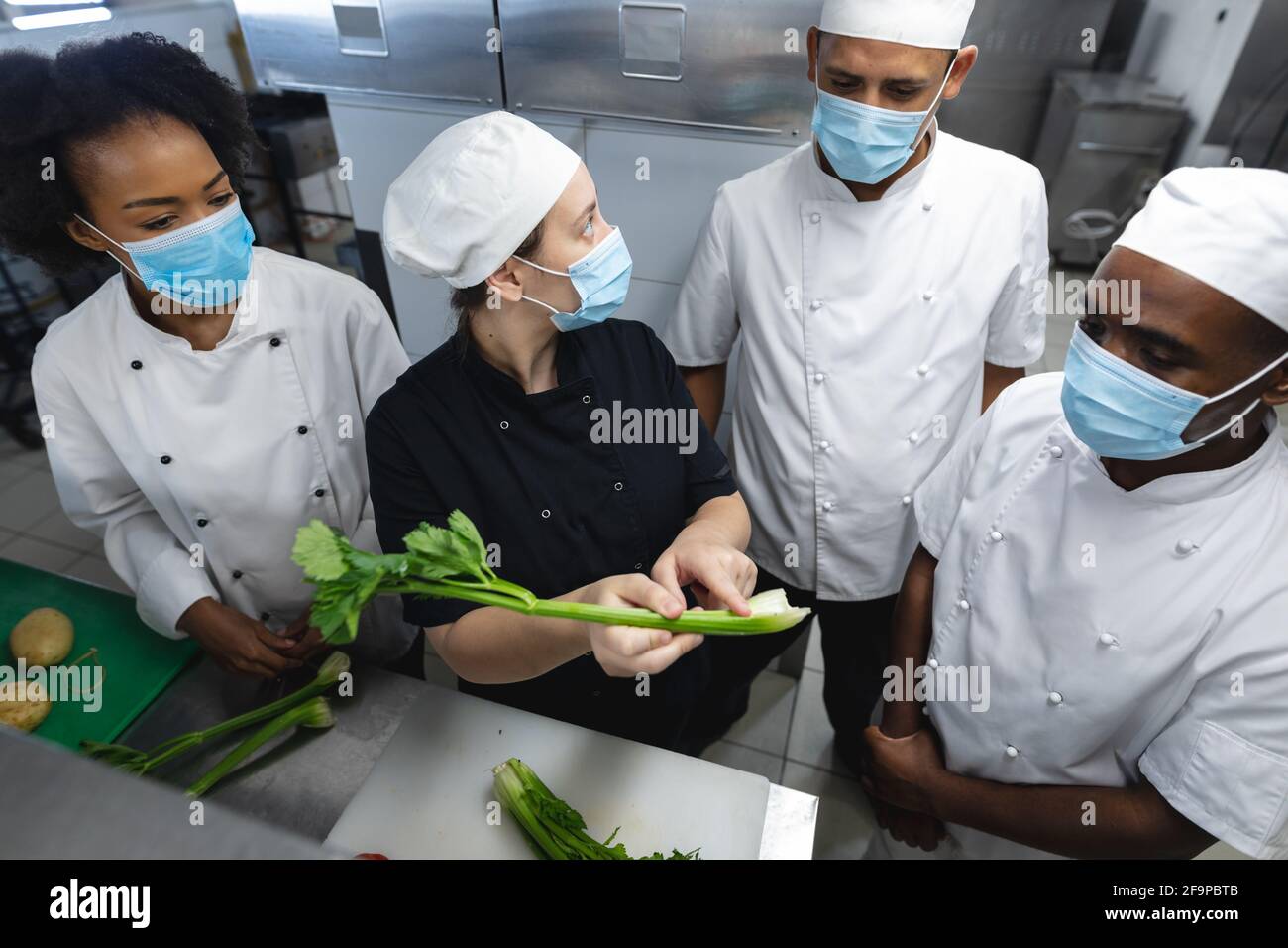 Diverce race male and female professional chefs preparing vegetables ...