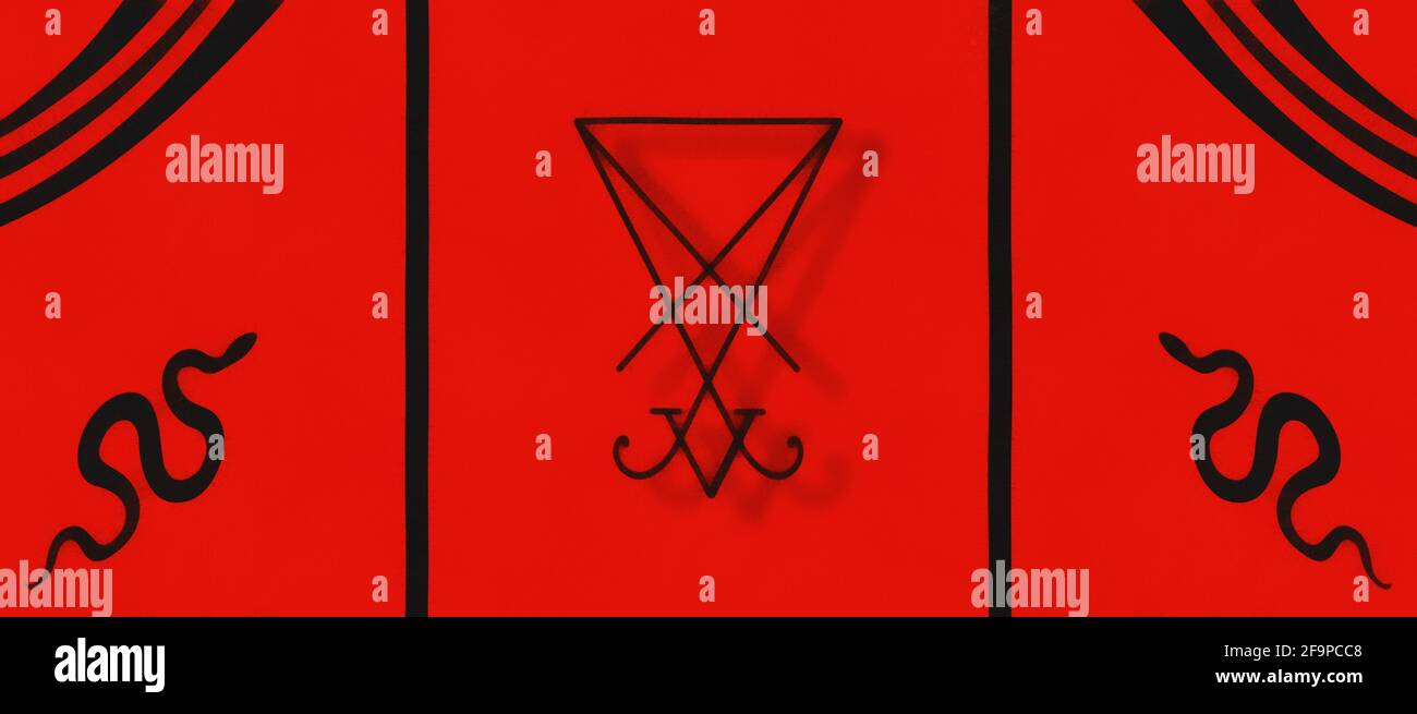 Sigil of Lucifer and silhouettes of serpents. Black lines. Red ...