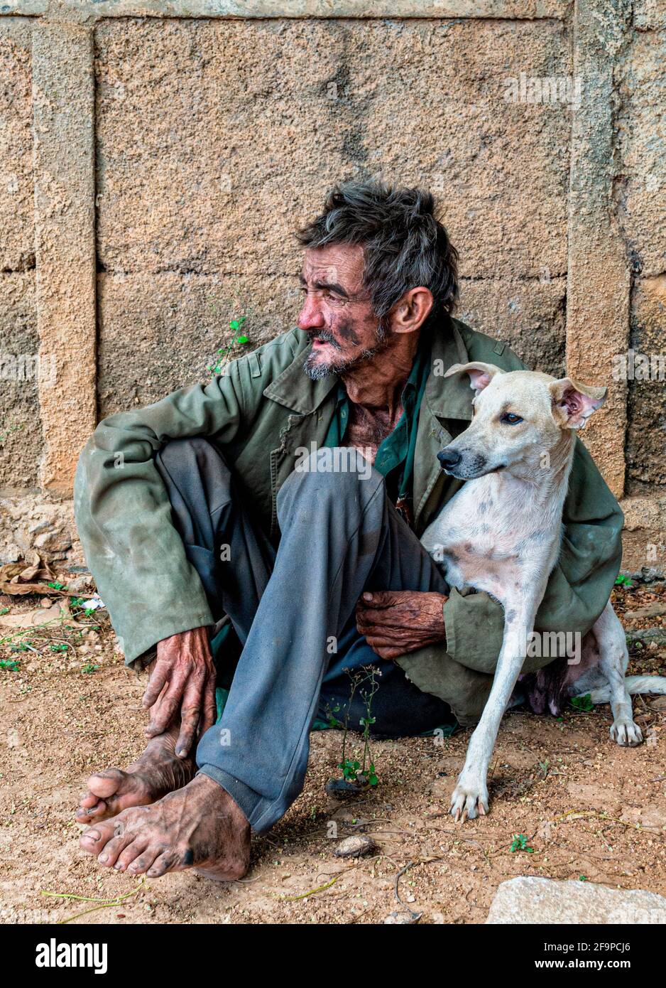 Vertical shot of a black homeless man sitting outdoors with a dog Stock ...