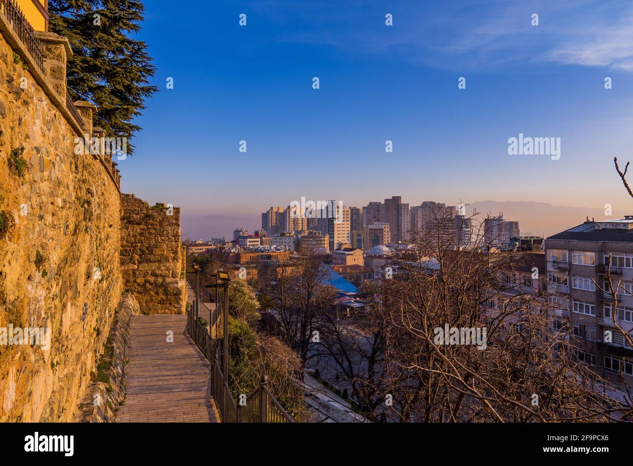 Aerial view of the city of Bursa, Turkey at sunset seen from Hisar ...