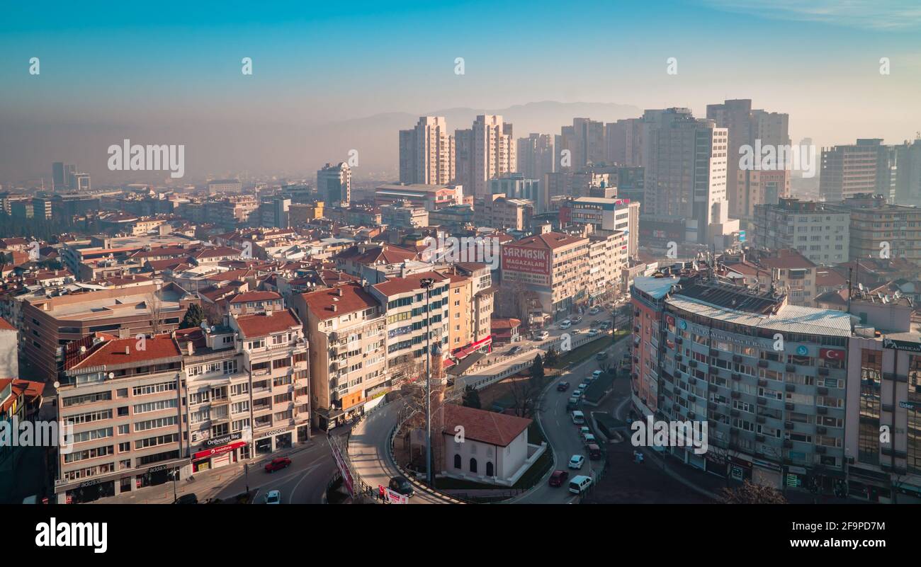 Aerial view of the city of Bursa, Turkey at sunset seen from Hisar ...