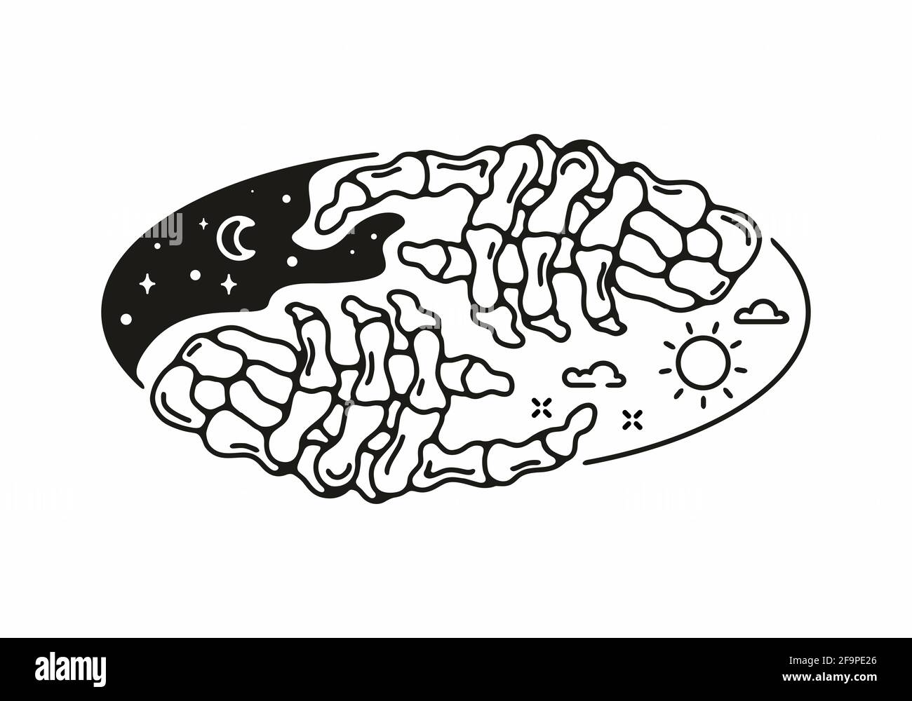 Black line art illustration of day and night skeleton design Stock ...