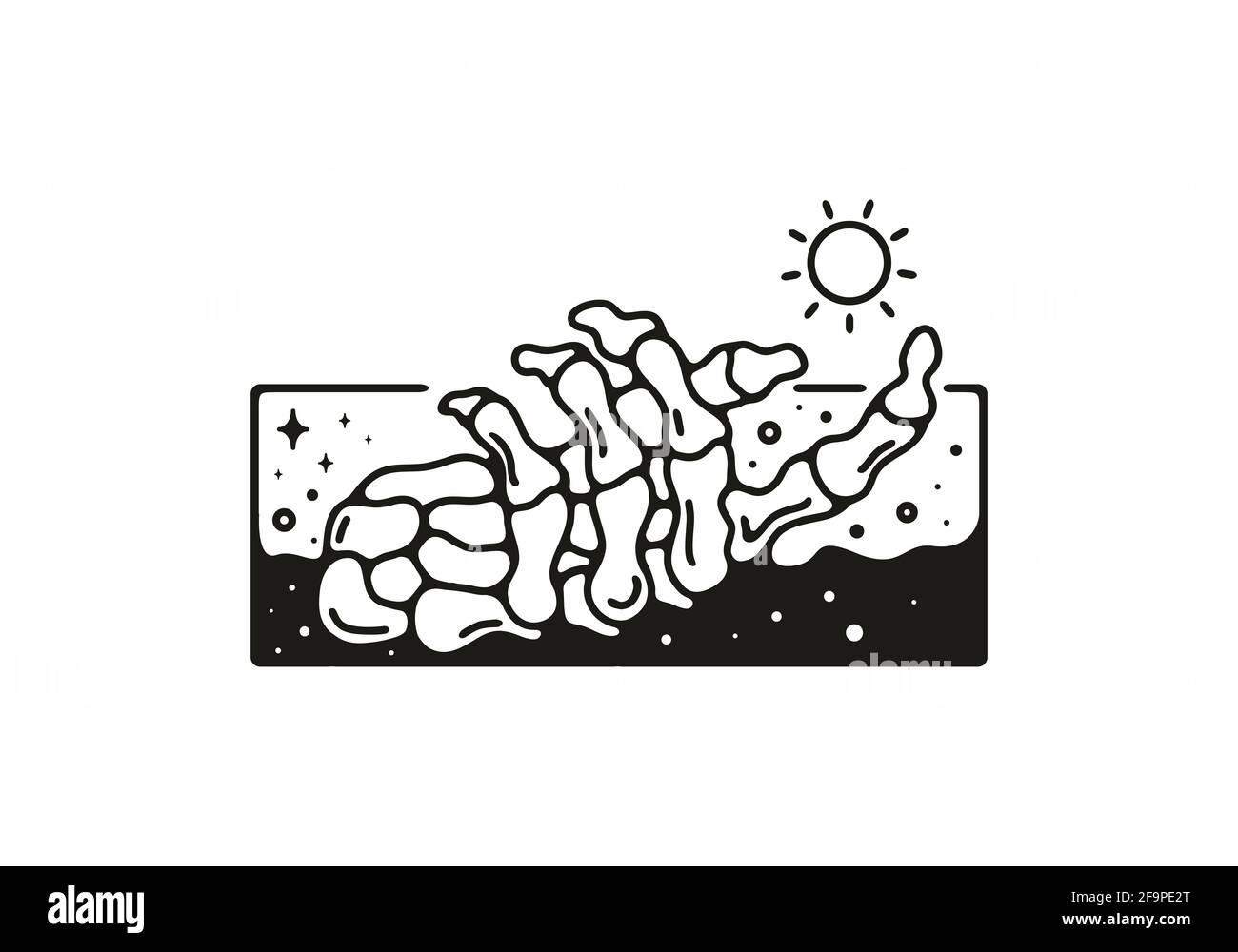 Black line art illustration of one human skeleton hand holding the sun ...