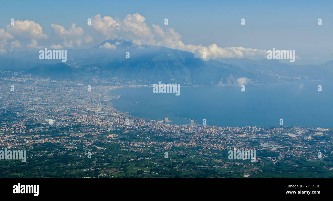 Aerial view of a countryside around Mount Vesuvius and Bay of Naples ...