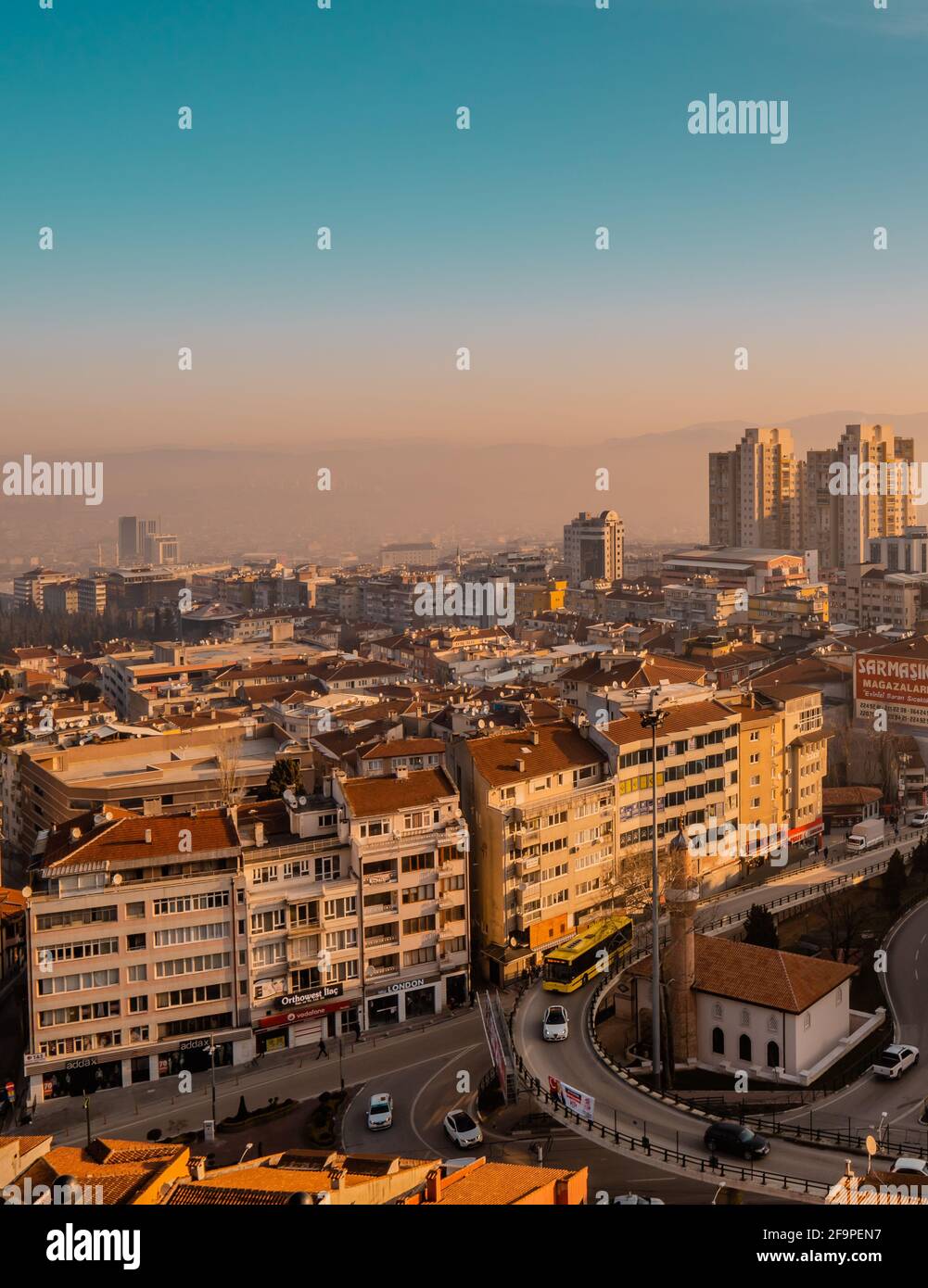 Aerial view of the city of Bursa, Turkey at sunset seen from Hisar ...