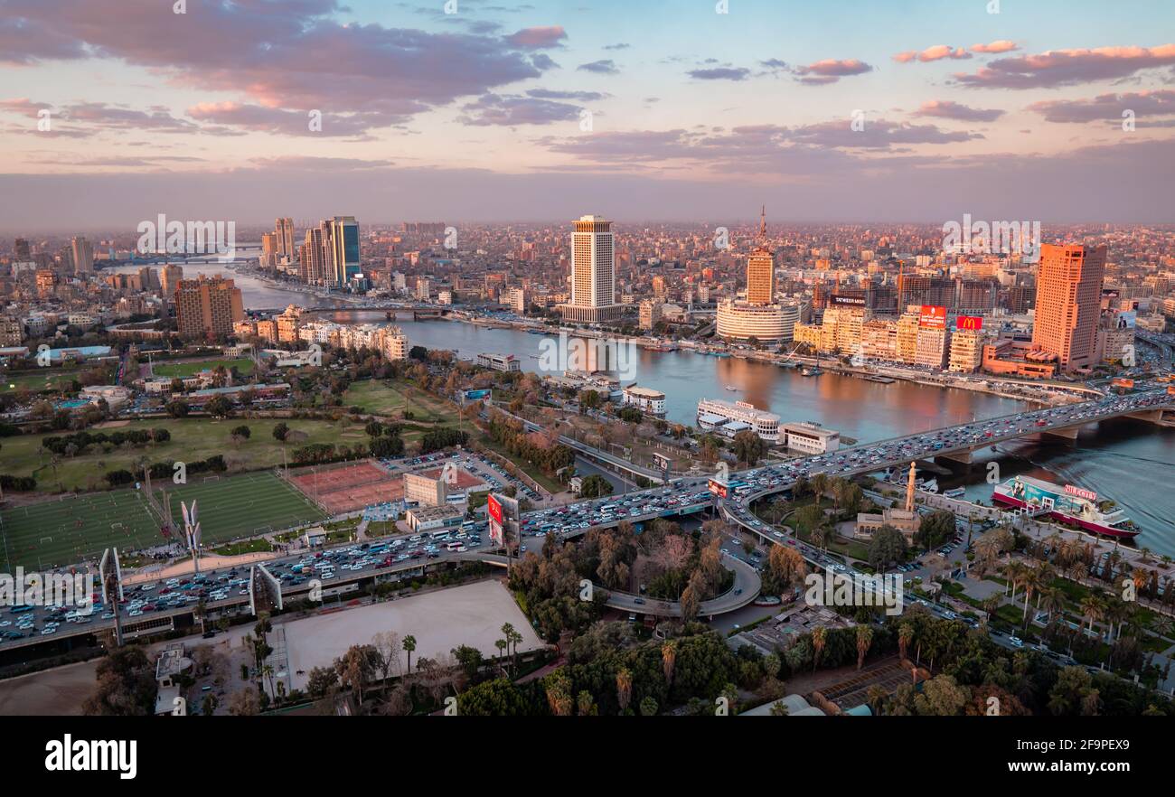 Aerial panoramic view of the skyline of Cairo and the Nile River seen ...