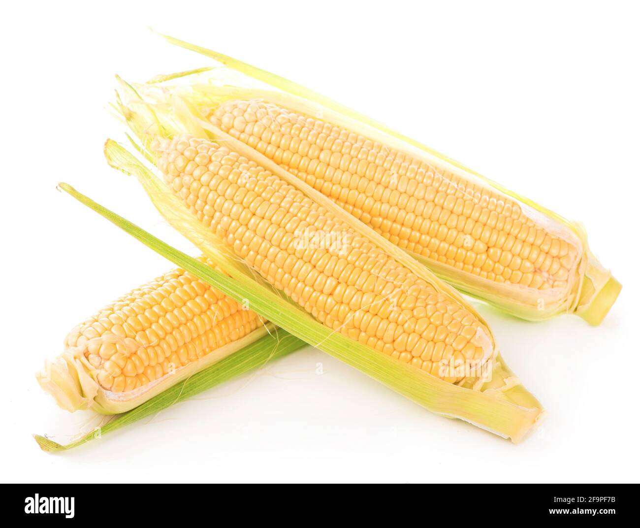 raw corn with green leaves on a white background Stock Photo - Alamy