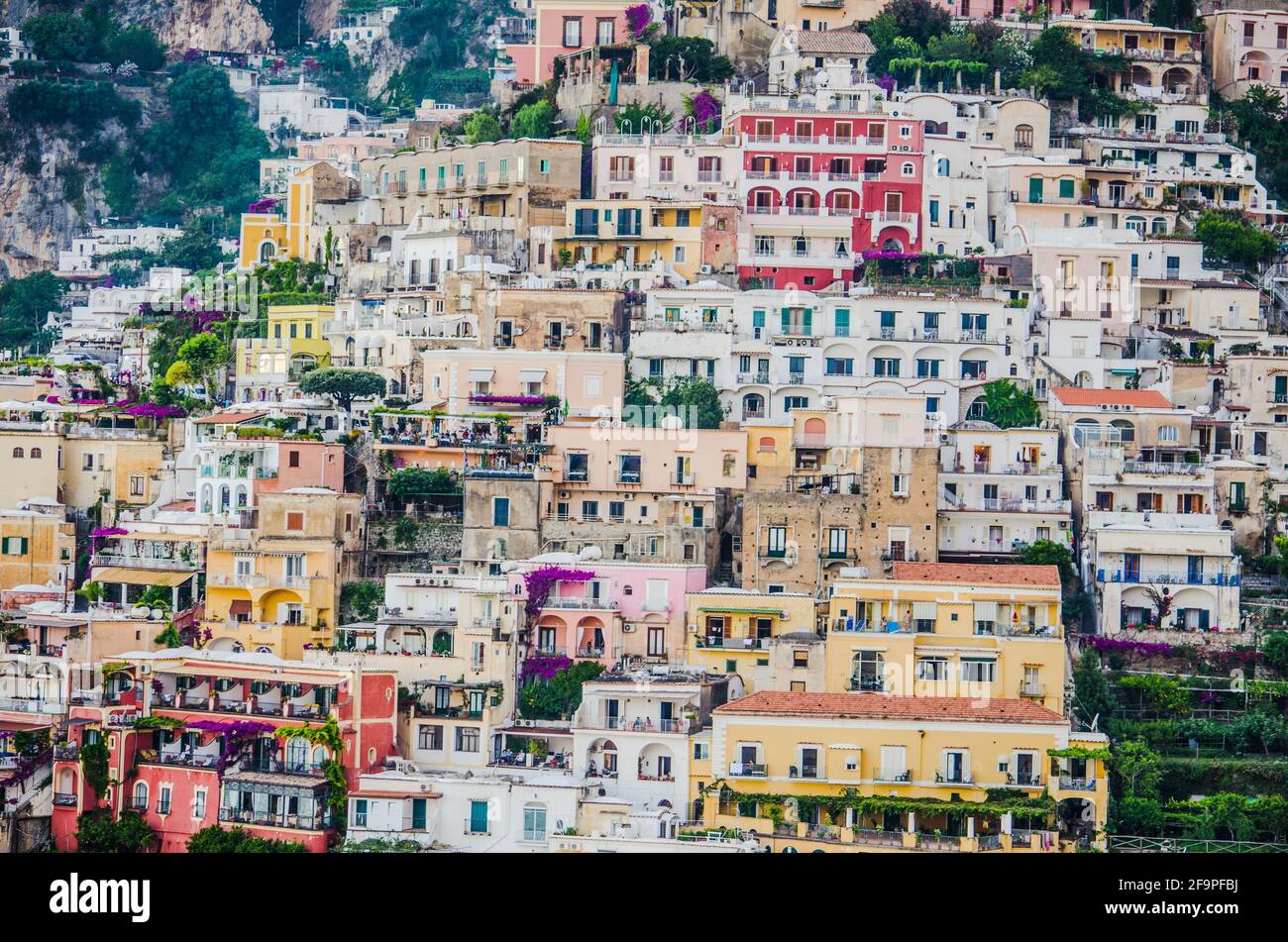view of italian city positano situated on amalfi coast during summer ...