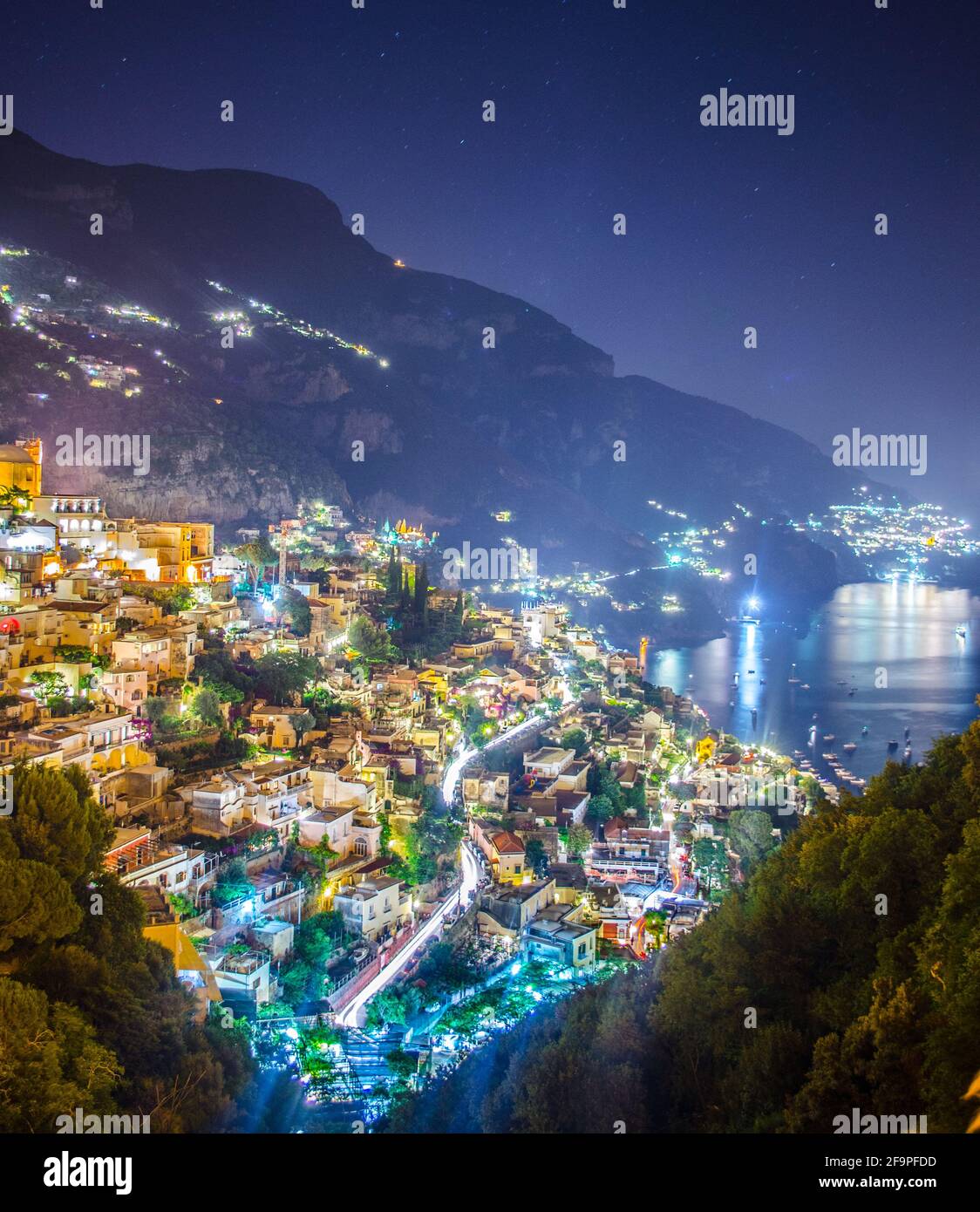 night aerial view of illuminated positano city in italy Stock Photo - Alamy
