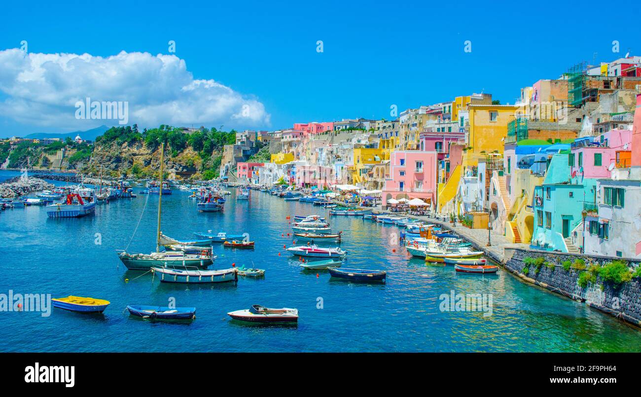 italian island procida is famous for its colorful marina, tiny narrow ...