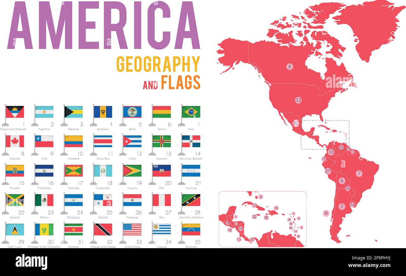 Set of 35 flags of America isolated on white background and map of ...