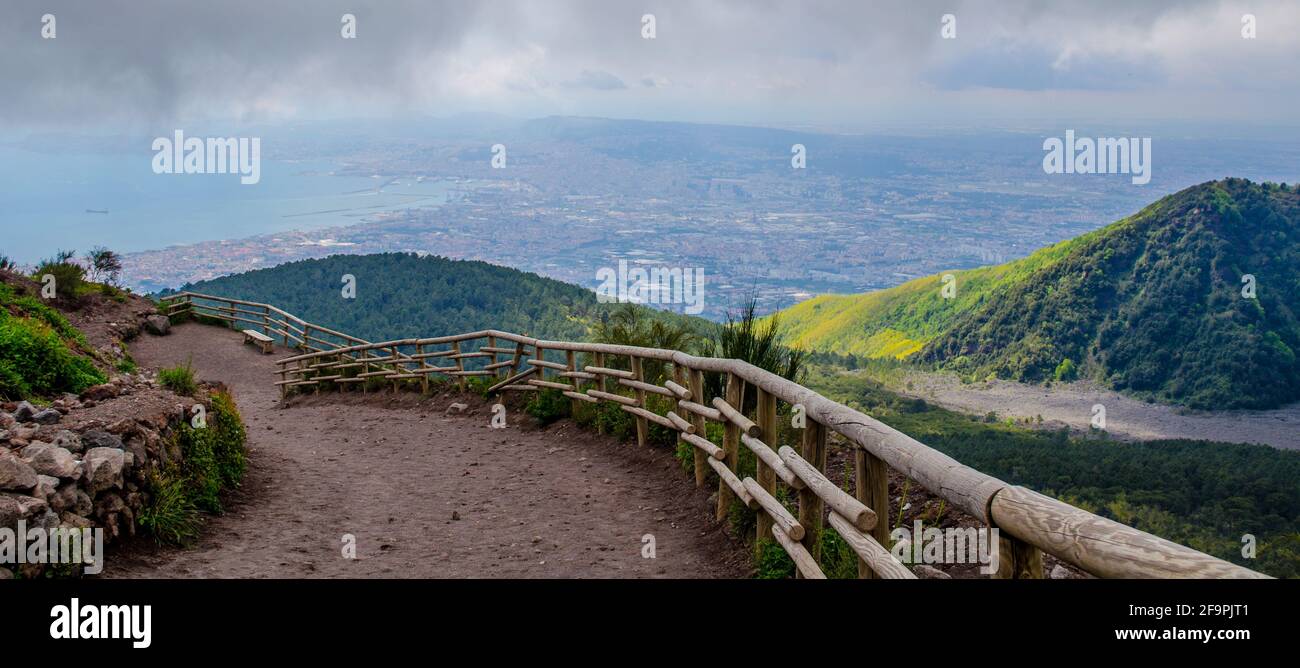 view over caldera of mount vesuvius volcano situated near italian city ...