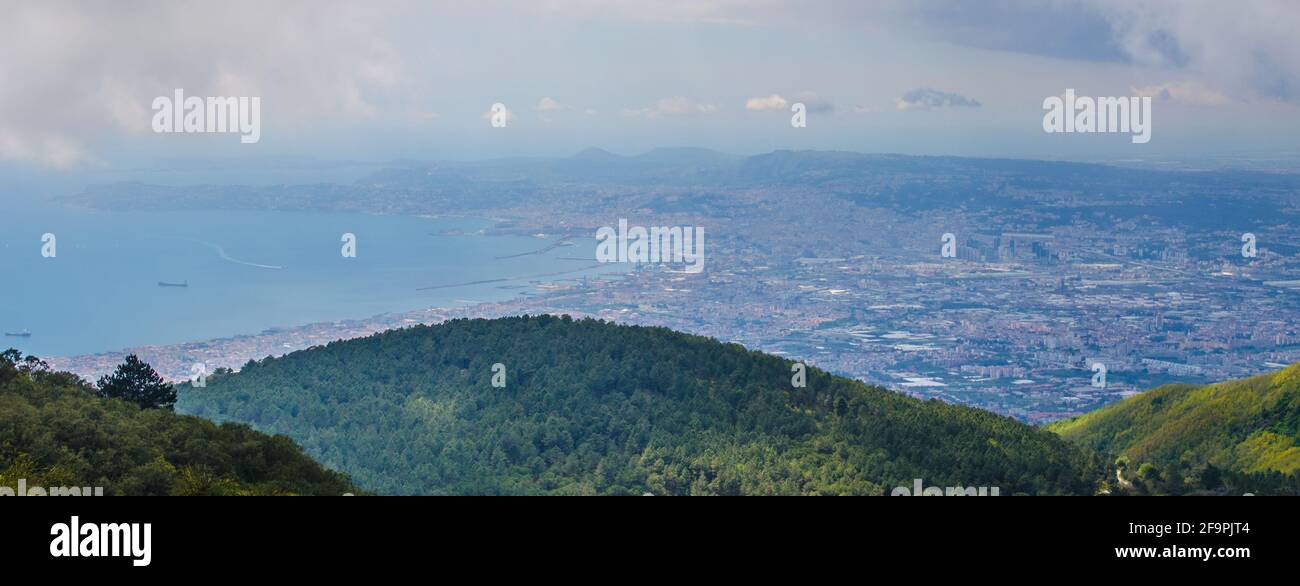 Aerial view of a countryside around Mount Vesuvius and Bay of Naples ...
