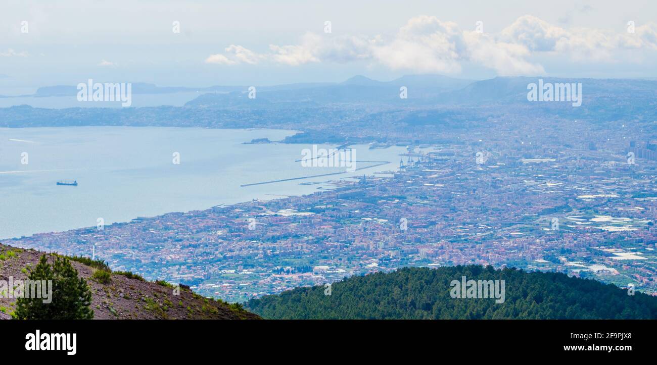 Aerial view of a countryside around Mount Vesuvius and Bay of Naples ...