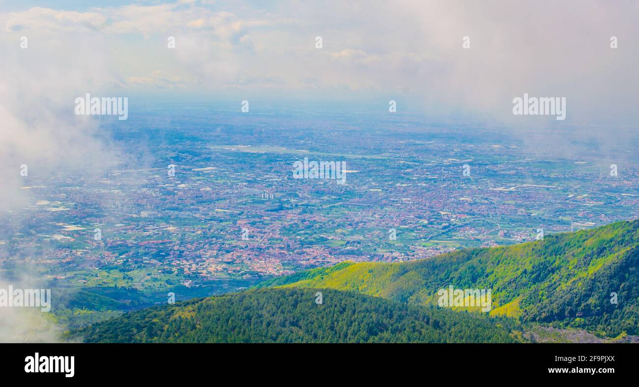 Aerial view of a countryside around Mount Vesuvius and Bay of Naples ...