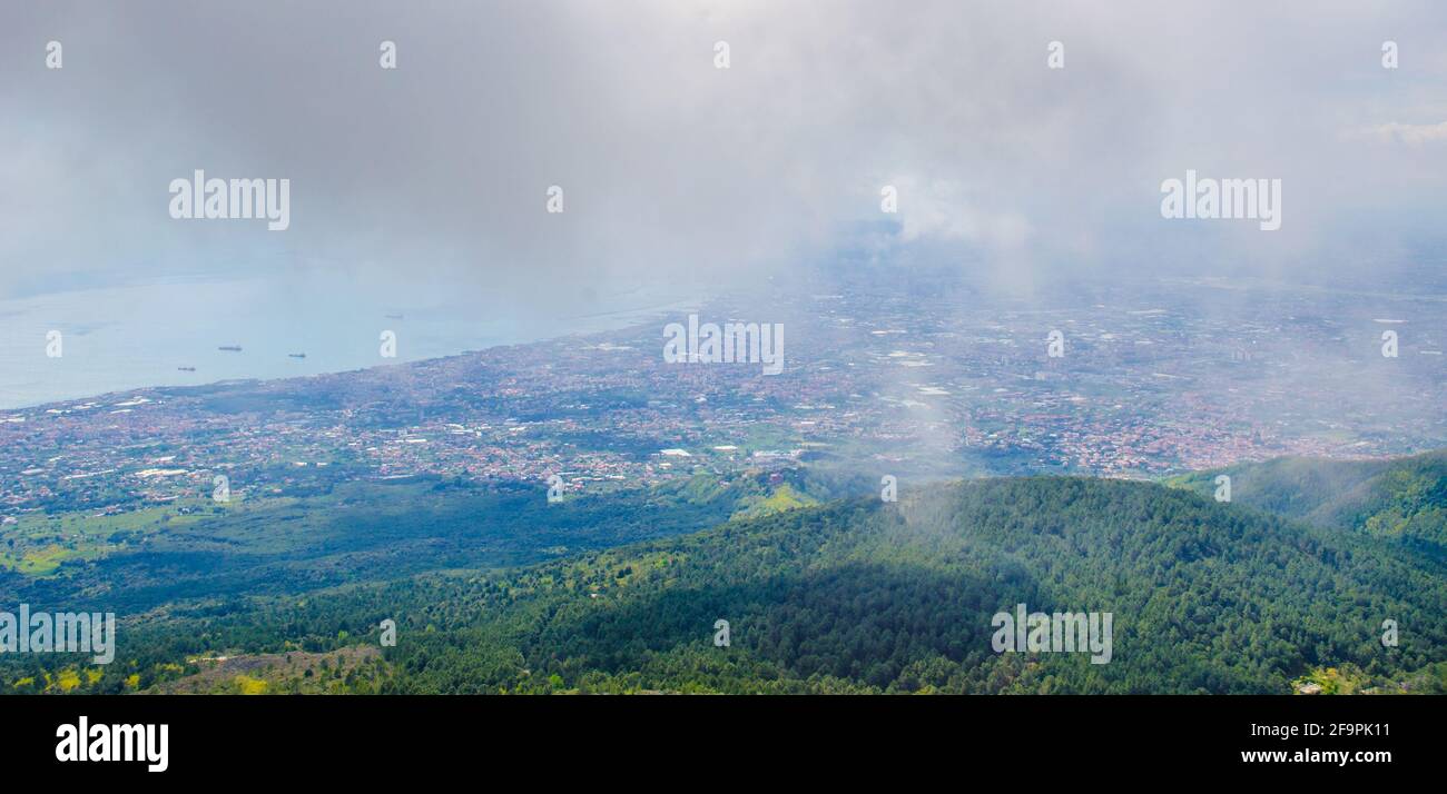 Aerial view of a countryside around Mount Vesuvius and Bay of Naples ...