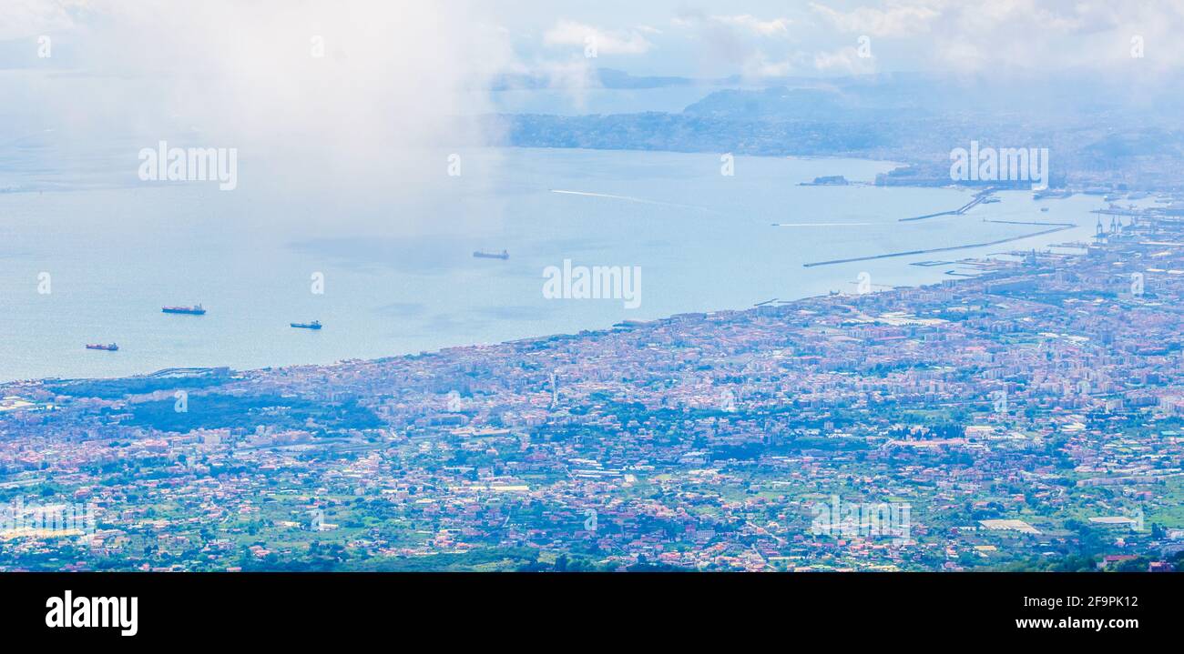 Aerial view of a countryside around Mount Vesuvius and Bay of Naples ...