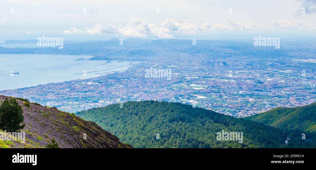 Aerial view of a countryside around Mount Vesuvius and Bay of Naples ...