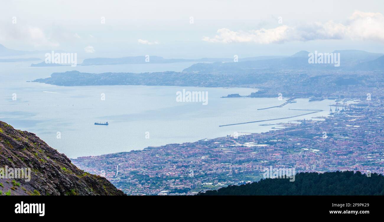 Aerial view of a countryside around Mount Vesuvius and Bay of Naples ...