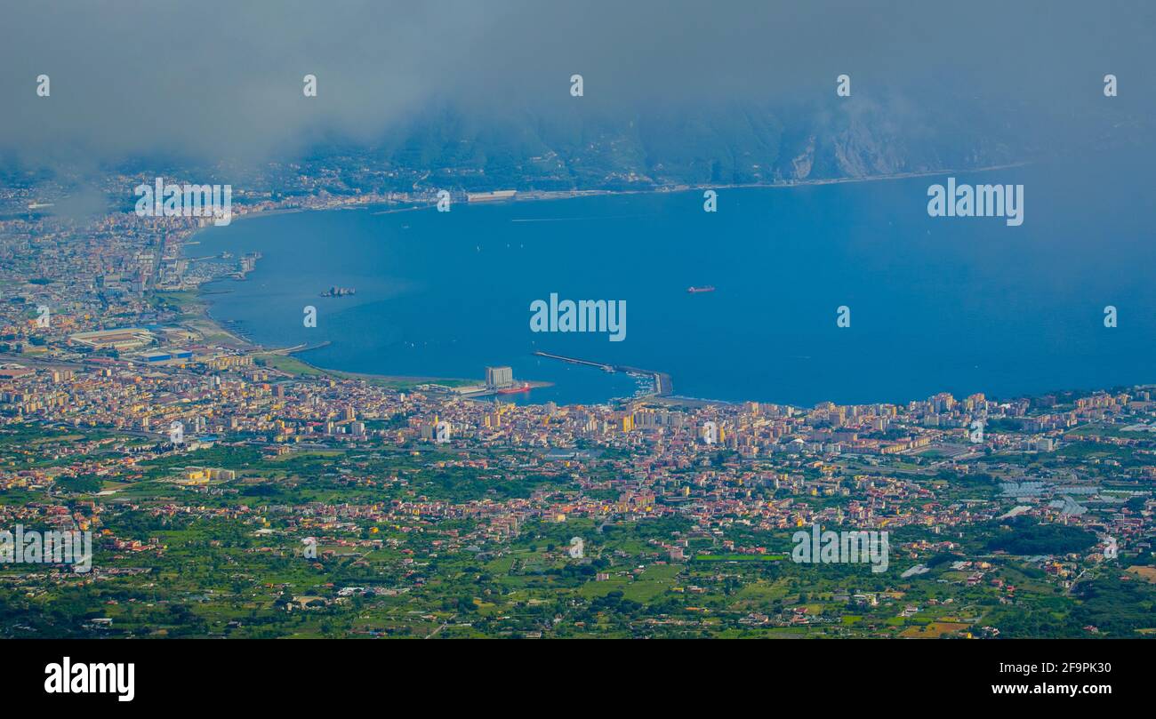 Aerial view of a countryside around Mount Vesuvius and Bay of Naples ...
