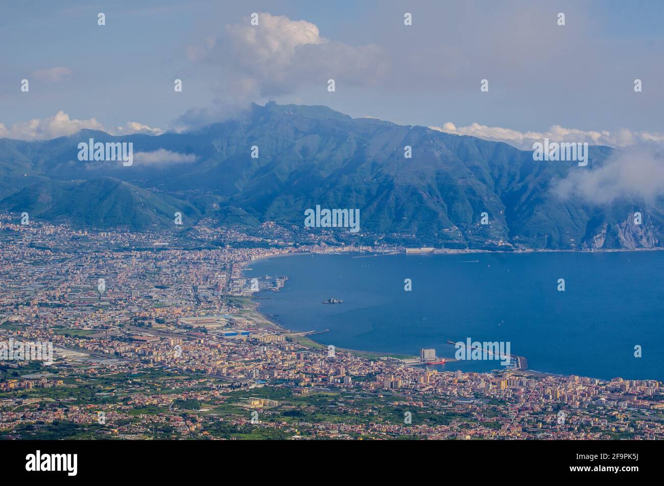 Aerial view of a countryside around Mount Vesuvius and Bay of Naples ...