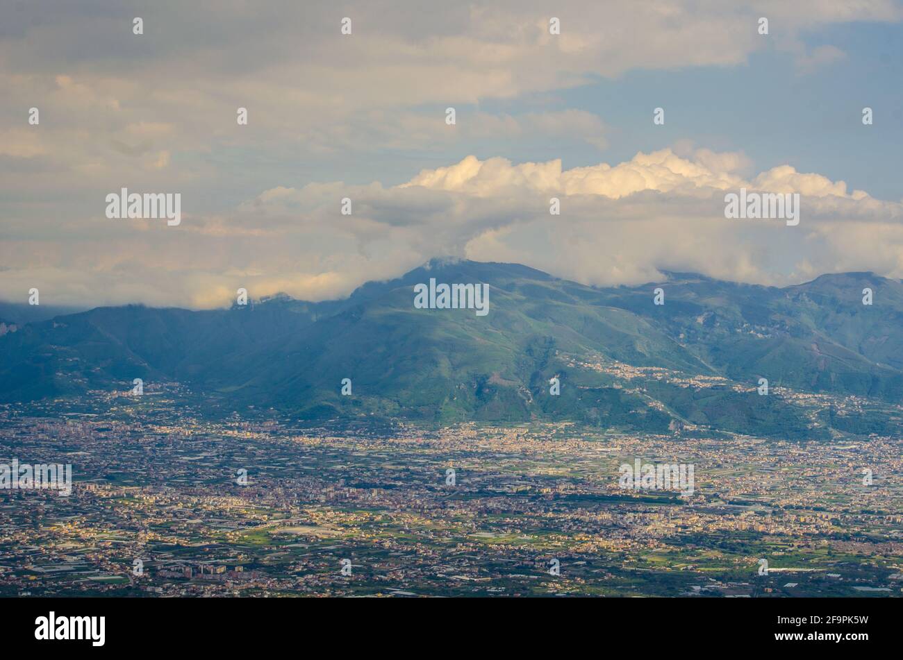 Aerial view of a countryside around Mount Vesuvius and Bay of Naples ...