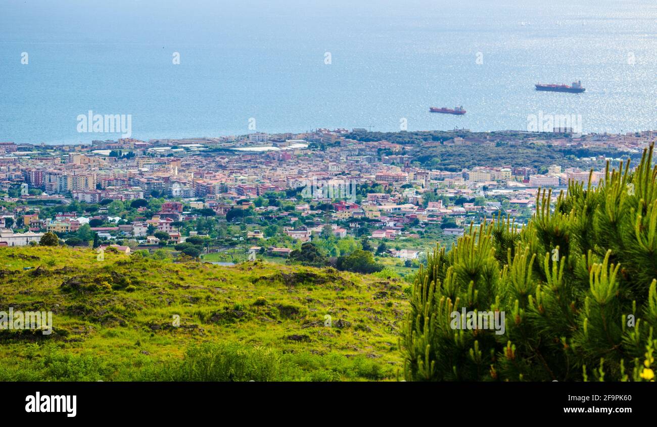 Aerial view of a countryside around Mount Vesuvius and Bay of Naples ...