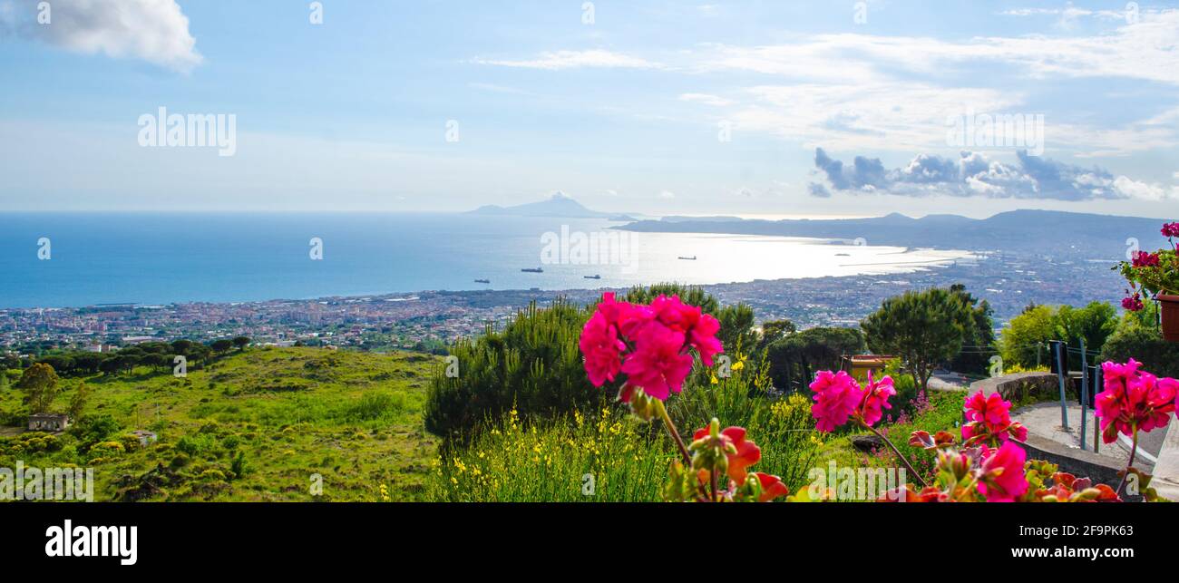Aerial view of a countryside around Mount Vesuvius and Bay of Naples ...