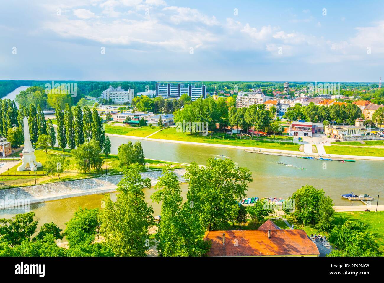 Aerial view of a confluence of raba river in the hungarian city gyor ...