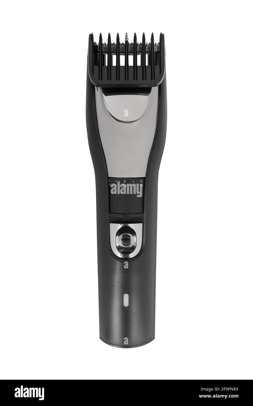 Barber black hair clipper with nozzle front view isolated on white ...