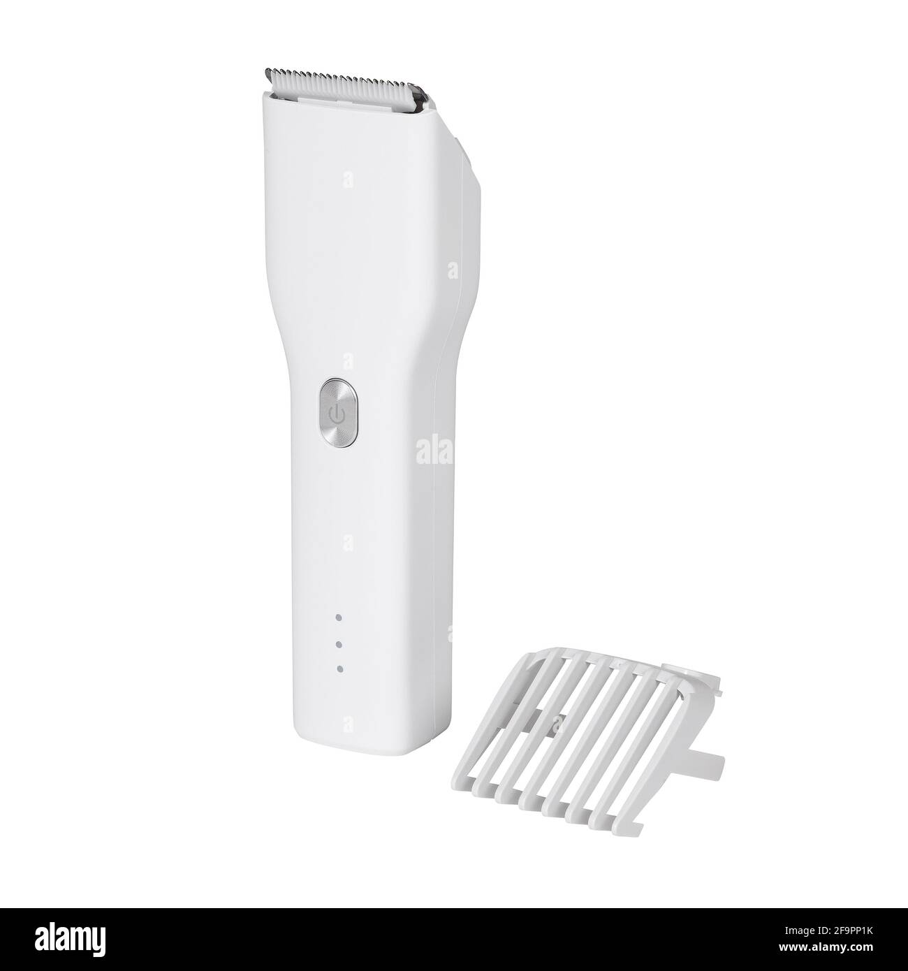 White hair clipper without nozzle side view. The nozzle is next to it ...