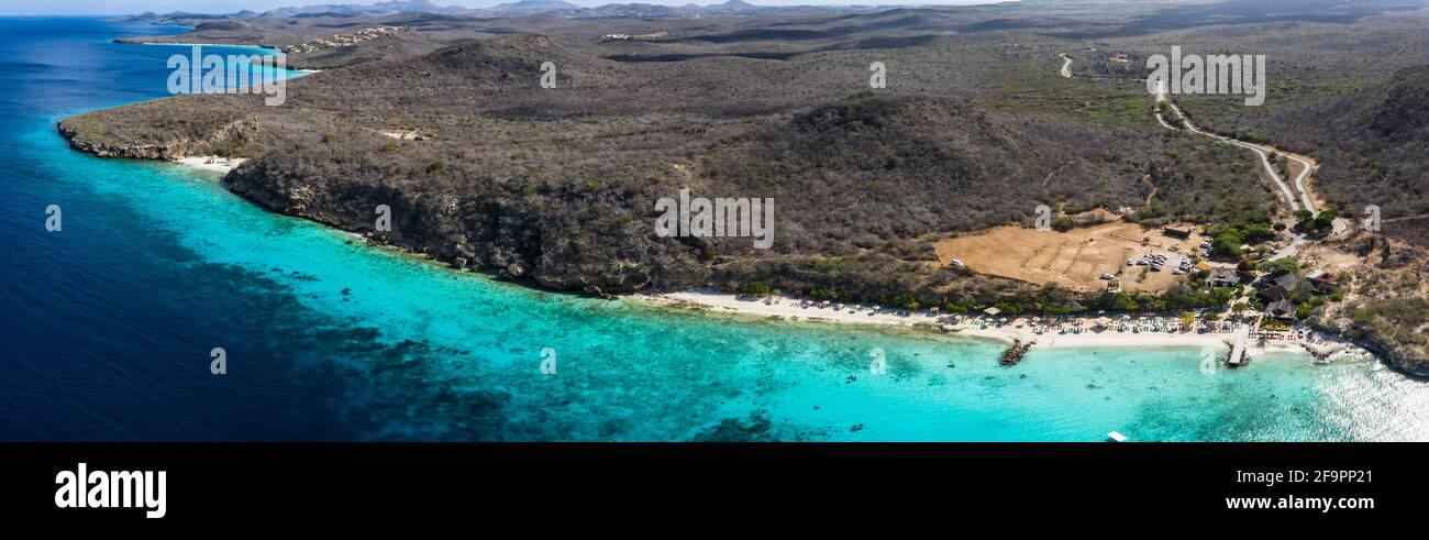Aerial view above scenery of Curacao, Caribbean with ocean, coast and ...