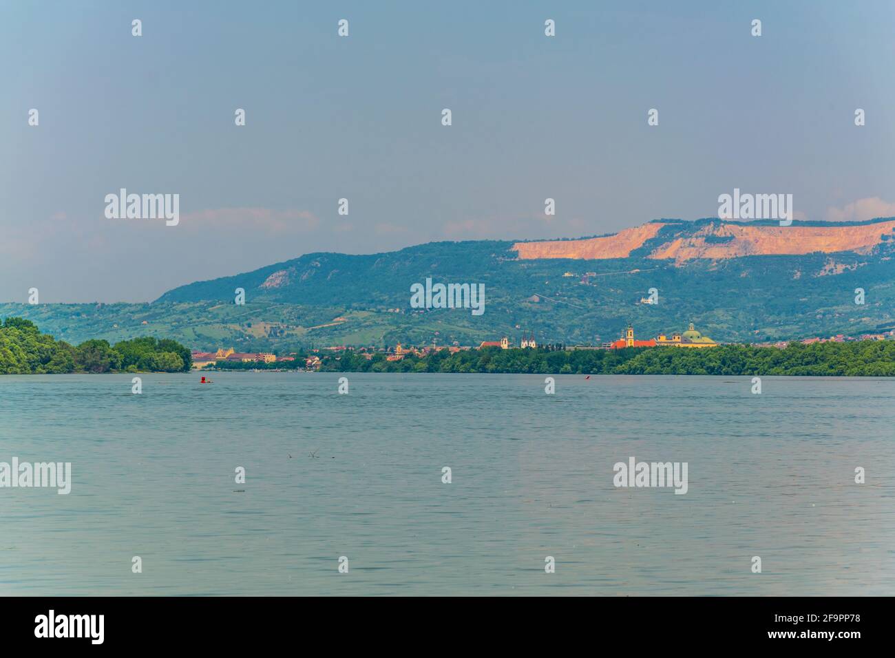 Panorama of Borzsony hills in Hungary reflecting on the danube river ...